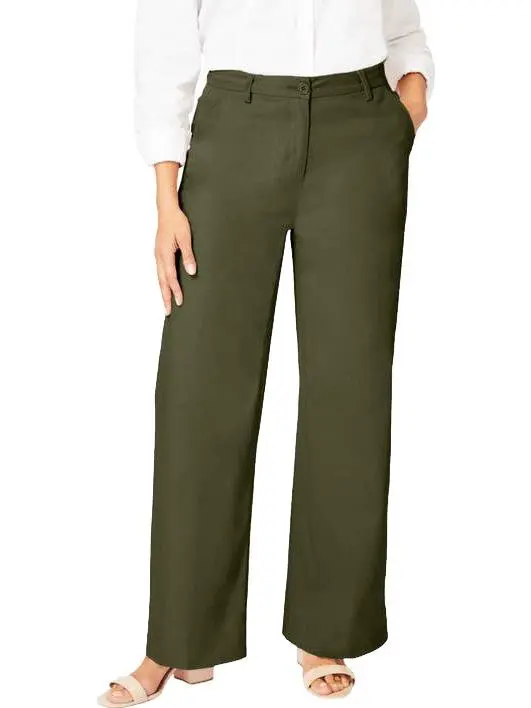 JESSICA LONDON Stretch Cotton Chino Wide-leg Trousers - Dark Olive Green