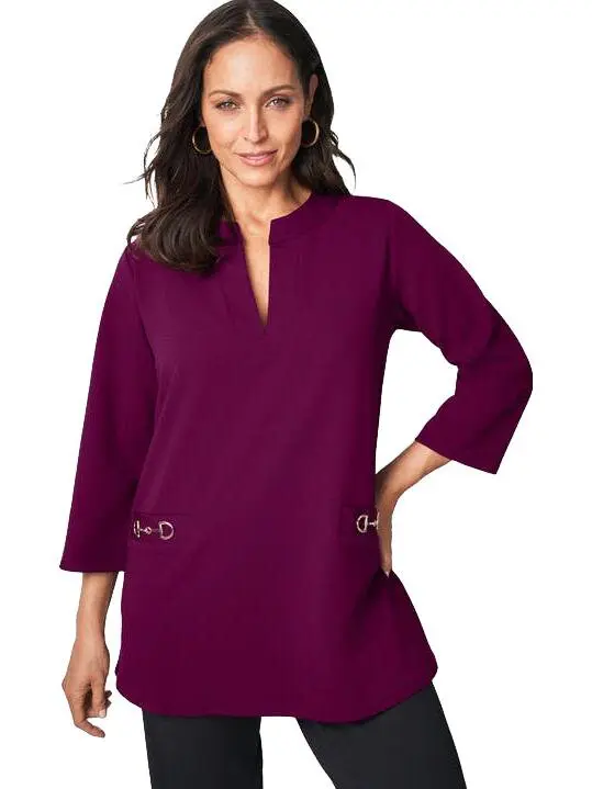 JESSICA LONDON Split Neck Knit Tunic With Gold Detail - Dark Berry