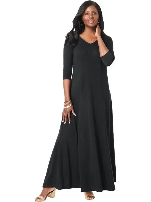 JESSICA LONDON V-neck Maxi Dress With Sweeping Hem - Black