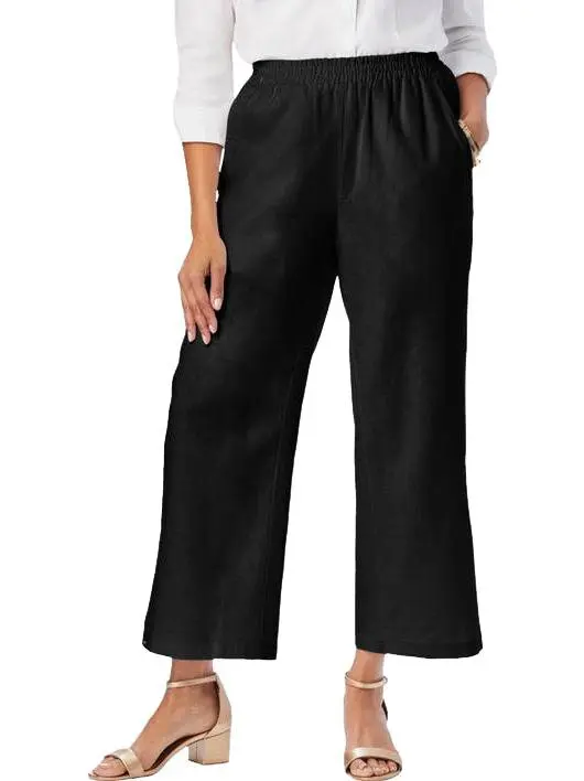 JESSICA LONDON Wide-leg Cropped Linen Pants - Black