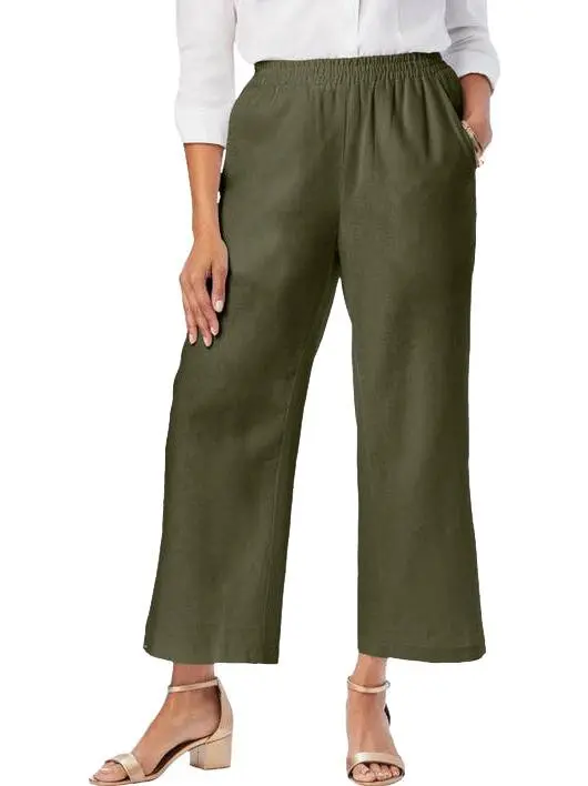 JESSICA LONDON Wide-leg Cropped Linen Pants - Dark Olive Green