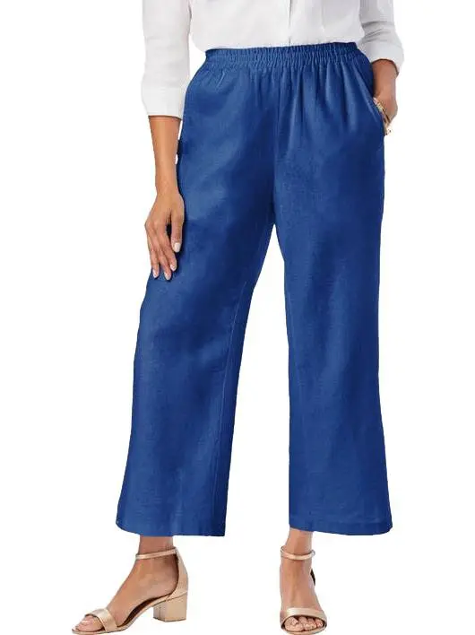 JESSICA LONDON Wide-leg Cropped Linen Pants - Dark Sapphire