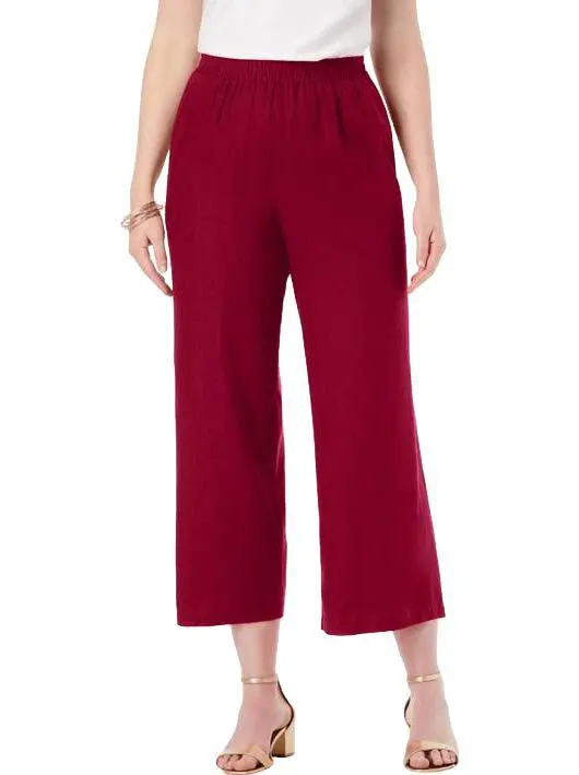 JESSICA LONDON Wide-leg Cropped Linen Pants - Rich Burgundy