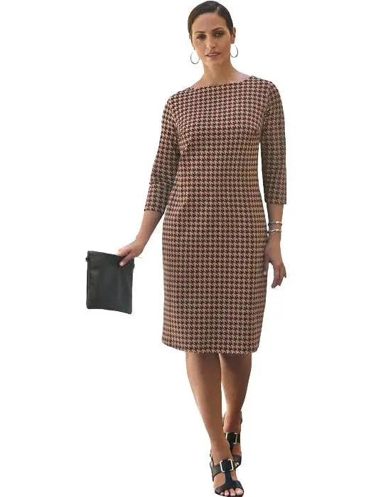 JESSICA LONDON Stretch Cotton Boatneck Shift Dress - Creamy Mocha Houndstooth