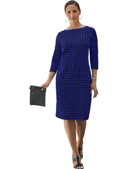 JESSICA LONDON Stretch Cotton Boatneck Shift Dress - Dark Sapphire Houndstooth
