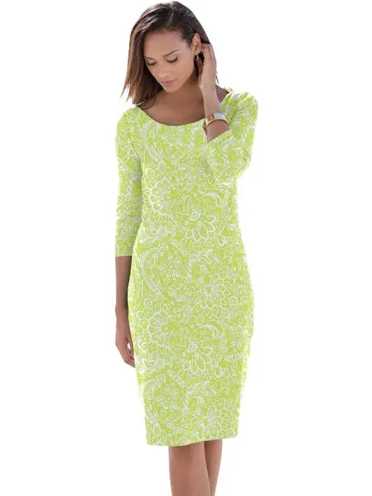 JESSICA LONDON Stretch Cotton Boatneck Shift Dress - Lime Scroll Medallion