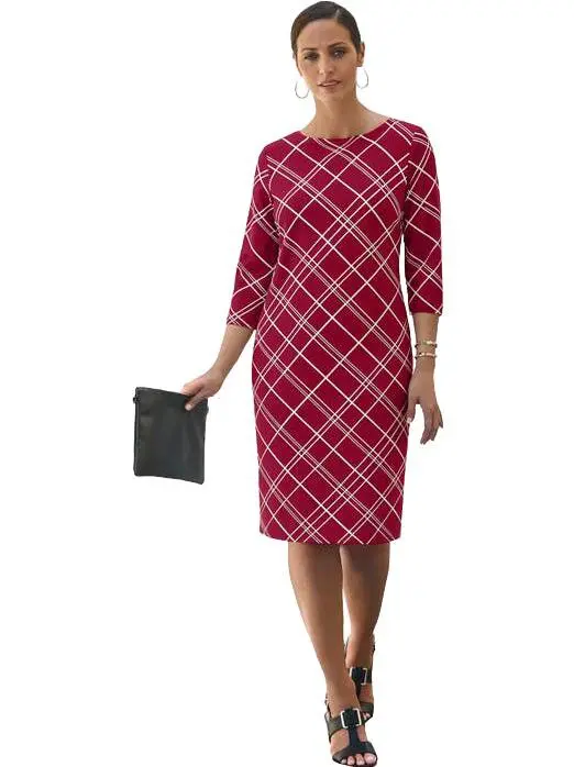 JESSICA LONDON Stretch Cotton Boatneck Shift Dress - Rich Burgundy Bias Stripe