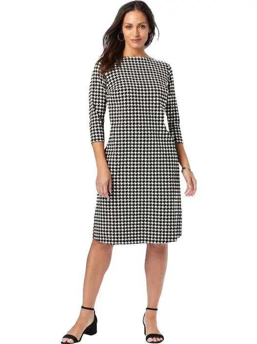 JESSICA LONDON Stretch Cotton Boatneck Shift Dress - White Houndstooth