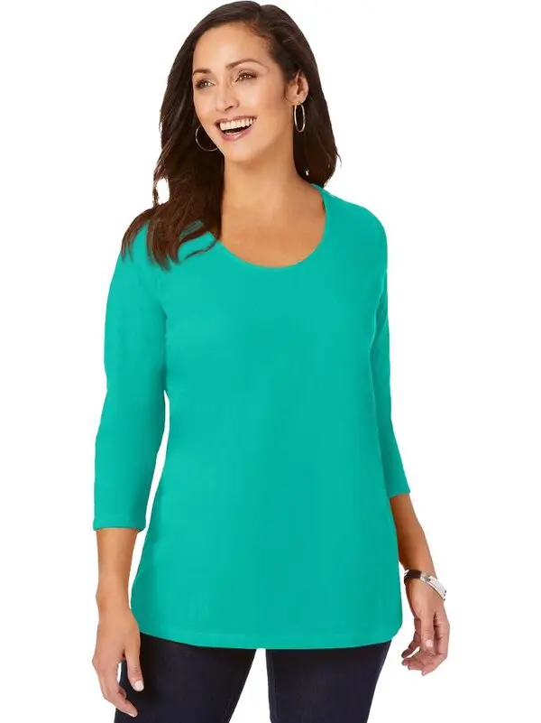 JESSICA LONDON Stretch Cotton Scoop Neck Tee - Aqua Sea
