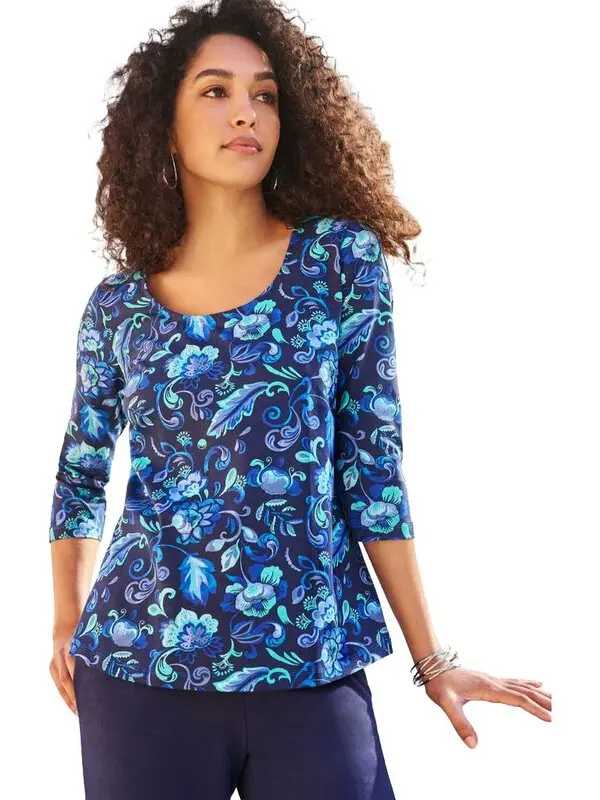 JESSICA LONDON Stretch Cotton Scoop Neck Tee - Blue Batik Floral