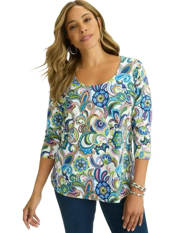 JESSICA LONDON Stretch Cotton Scoop Neck Tee - White Multi Paisley