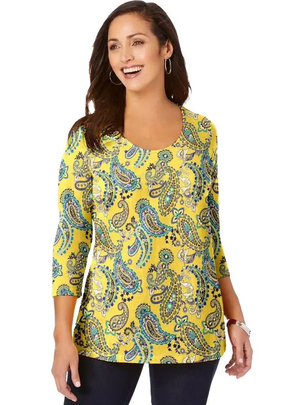 JESSICA LONDON Stretch Cotton Scoop Neck Tee - Yellow Playful Paisley