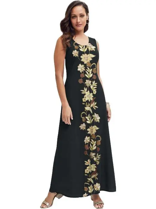 JESSICA LONDON Stretch Knit Tank Maxi Dress - Black Multi Batik Placement