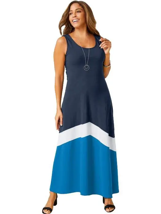JESSICA LONDON Stretch Knit Tank Maxi Dress - Navy White Pool Blue