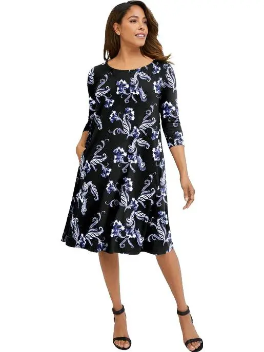 JESSICA LONDON Stretch Knit Three-quarter Sleeve T-shirt Dress - Blue Batik Scroll