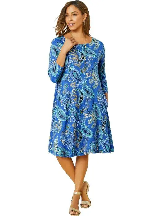JESSICA LONDON Stretch Knit Three-quarter Sleeve T-shirt Dress - Dark Sapphire Playful Paisley