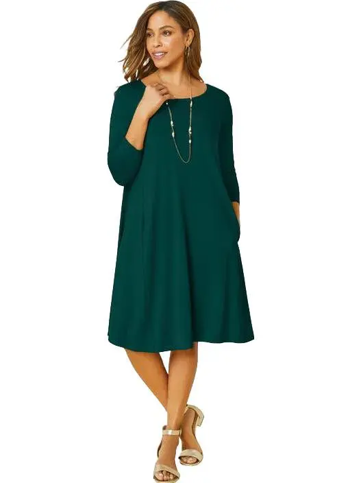 JESSICA LONDON Stretch Knit T-shirt Dress With Three-quarter Sleeves - Emerald Green