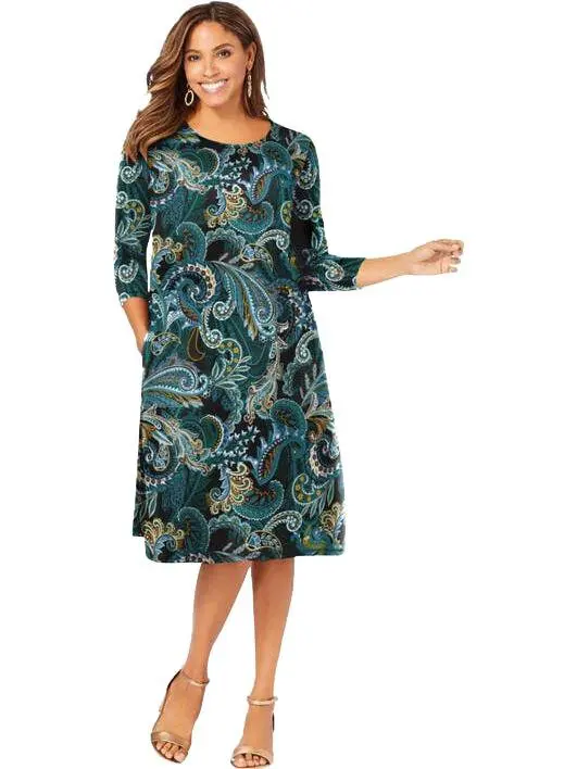 JESSICA LONDON Stretch Knit Three-quarter Sleeve T-shirt Dress - Frost Teal Paisley