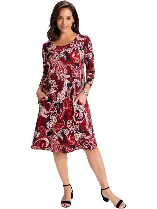 JESSICA LONDON Stretch Knit T-shirt Dress With Three-quarter Sleeves - Red Black Paisley