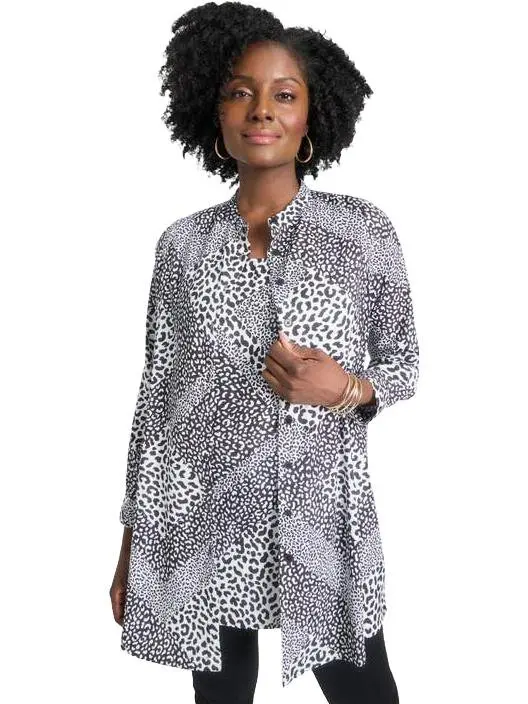 JESSICA LONDON Georgette Button-front Tunic - Black Animal Patchwork