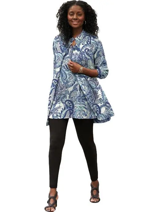 JESSICA LONDON Georgette Button Front Tunic - Blue Seafoam Paisley