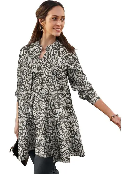 JESSICA LONDON Georgette Button Front Tunic - Ivory Stencil Floral