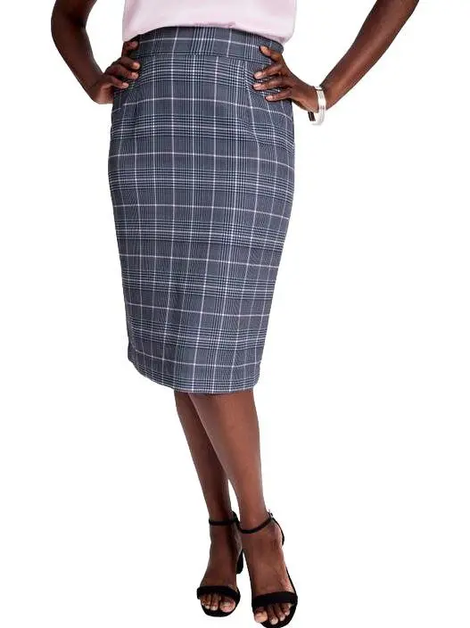 JESSICA LONDON Tummy Control Bi-stretch Pencil Skirt - Grey Sky Stripe Plaid