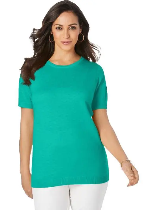 JESSICA LONDON Fine Gauge Crewneck Shell - Aqua Sea