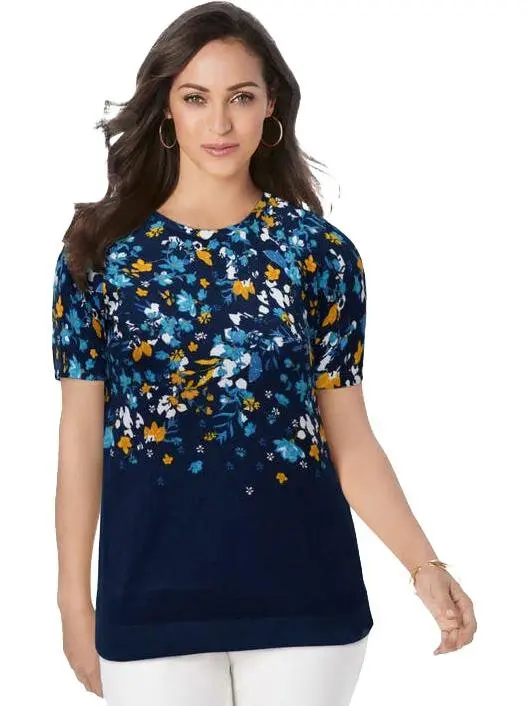JESSICA LONDON Fine Gauge Crewneck Shell - Blue Shadow Garden