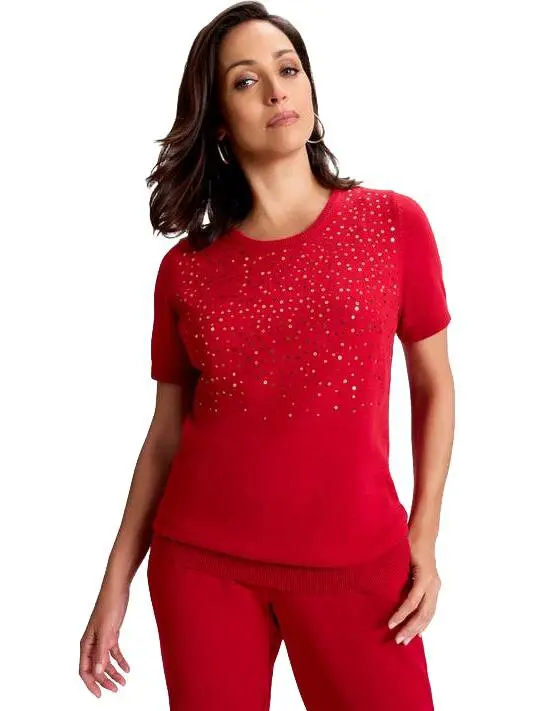 JESSICA LONDON Fine Gauge Crewneck Shell - Classic Red Sequin