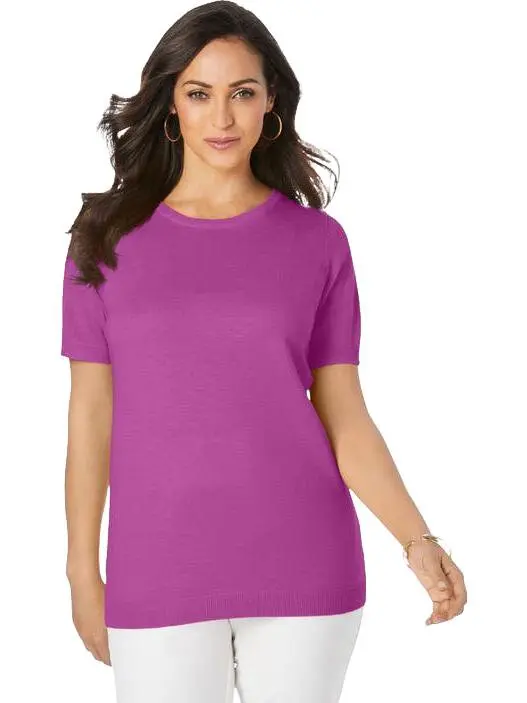 JESSICA LONDON Fine Gauge Crewneck Knit Shell - Deep Orchid