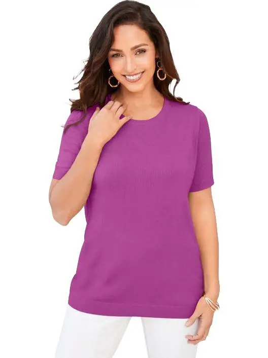 JESSICA LONDON Fine Gauge Crewneck Knit Shell - Deep Orchid