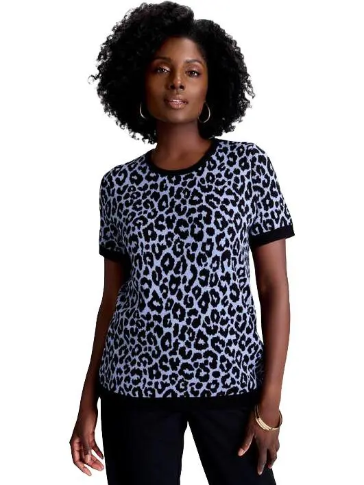 JESSICA LONDON Fine Gauge Crewneck Shell - Grey Classic Cheetah