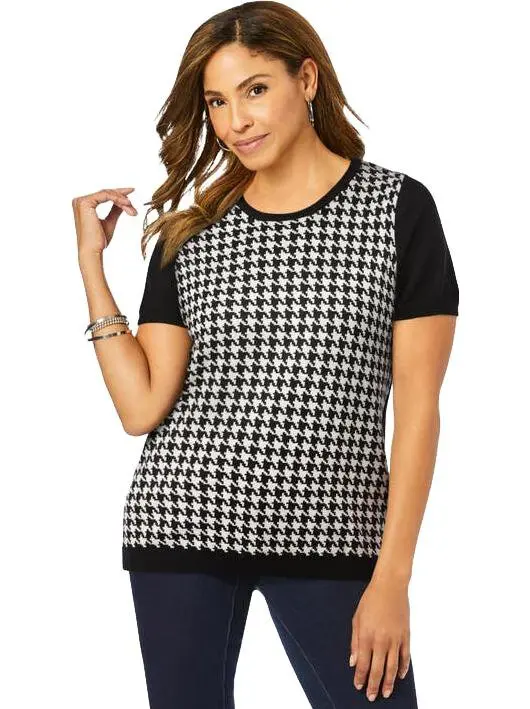 JESSICA LONDON Fine Gauge Crewneck Knit Shell - Houndstooth