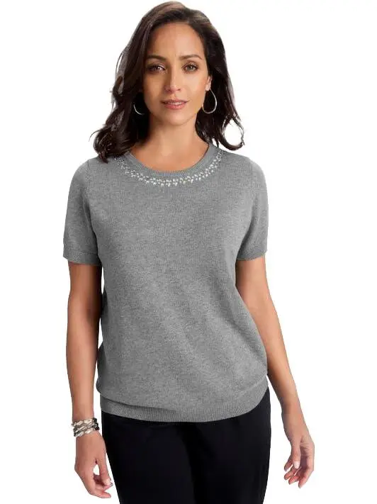 JESSICA LONDON Fine Gauge Crewneck Shell - Medium Heather Grey Jewel