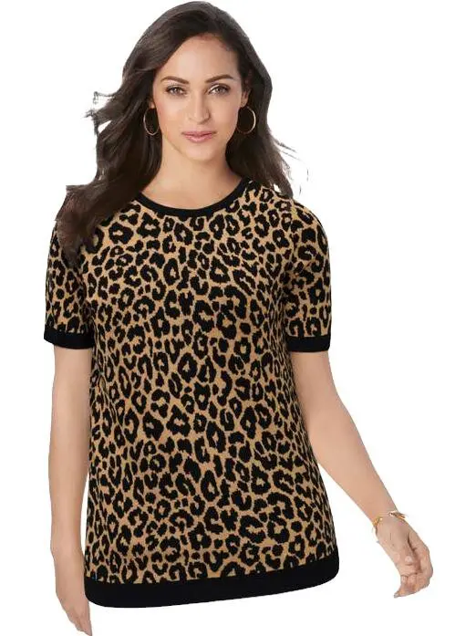 JESSICA LONDON Fine Gauge Crewneck Shell - Neutral Classic Cheetah