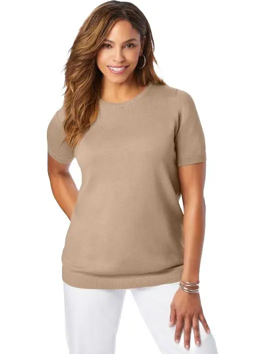 JESSICA LONDON Fine Gauge Crewneck Knit Shell - New Khaki