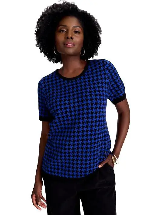 JESSICA LONDON Fine Gauge Crewneck Knit Shell - Sapphire Houndstooth