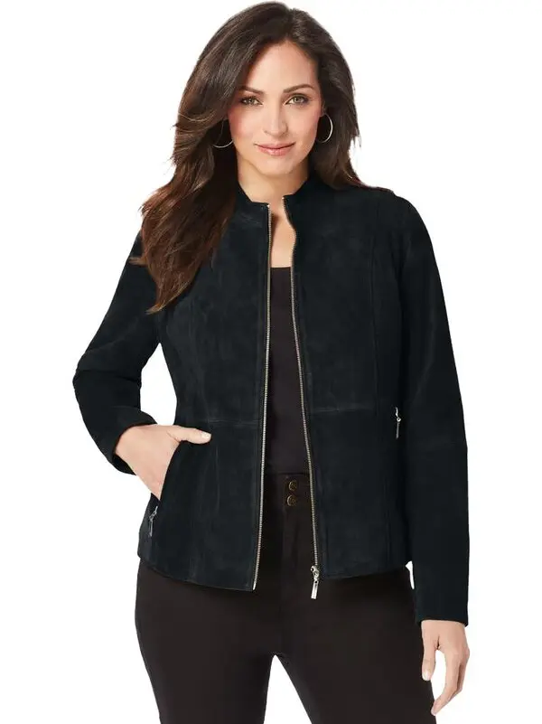 JESSICA LONDON Suede Zip-front Jacket - Black