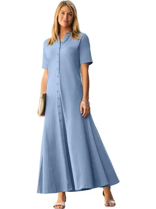 JESSICA LONDON Stretch Cotton Button-front Maxi Shirt Dress - Azure Mist