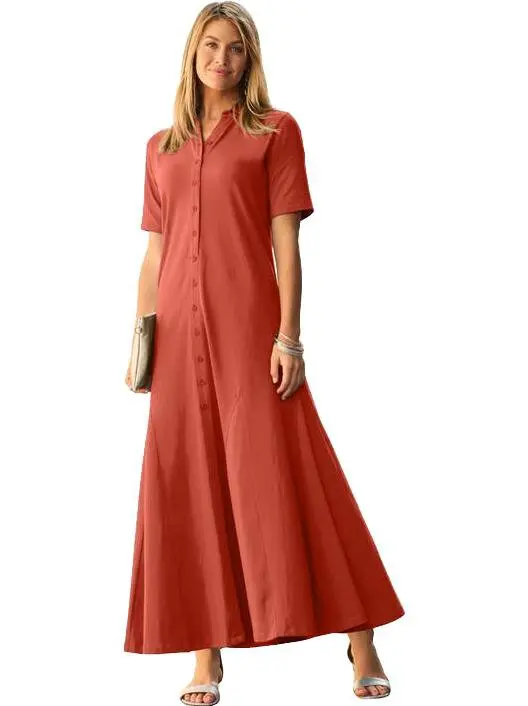 JESSICA LONDON Stretch Cotton Button-front Maxi Shirt Dress - Burnt Red