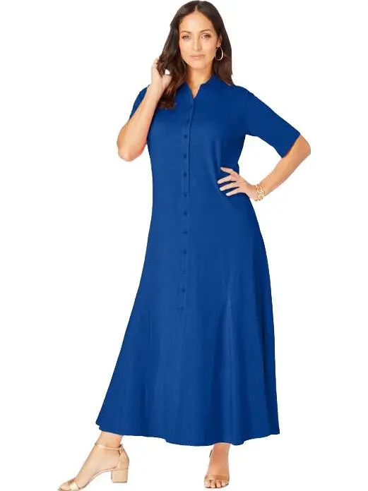 JESSICA LONDON Stretch Cotton Button Front Maxi Shirt Dress - Dark Sapphire