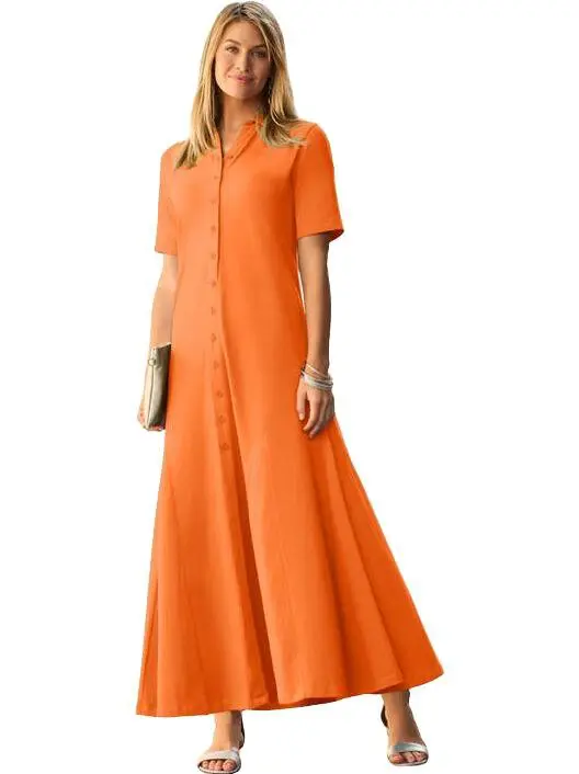 JESSICA LONDON Stretch Cotton Button-front Maxi Shirt Dress - Orange Twist