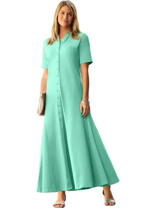 JESSICA LONDON Stretch Cotton Button Front Maxi Shirt Dress - Pale Seafoam
