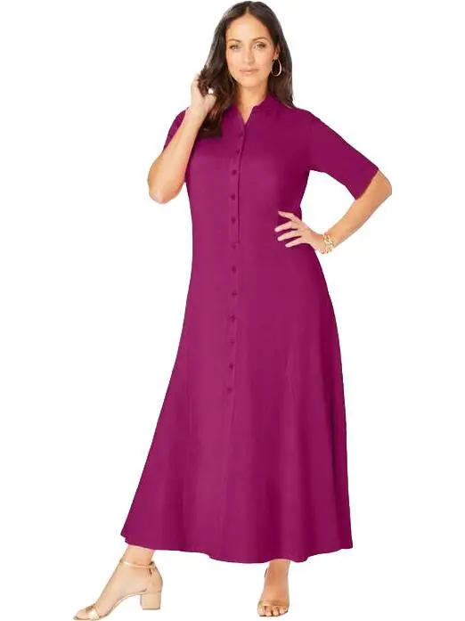 JESSICA LONDON Stretch Cotton Button Front Maxi Shirt Dress - Raspberry