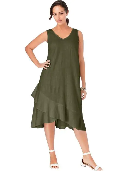 JESSICA LONDON Linen Flounce A-line Dress - Dark Olive Green