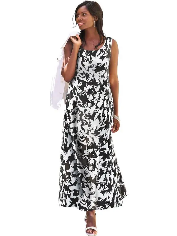 JESSICA LONDON Stretch Cotton Tank Maxi Dress - Black Abstract Floral