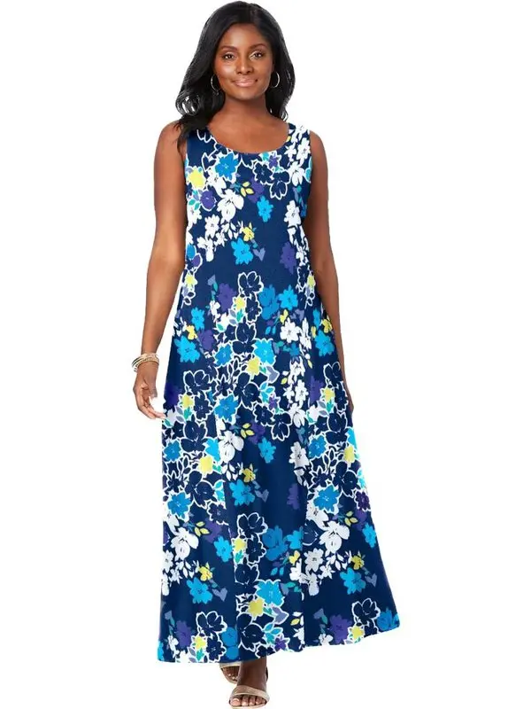 JESSICA LONDON Stretch Cotton Tank Maxi Dress - Blue Flower