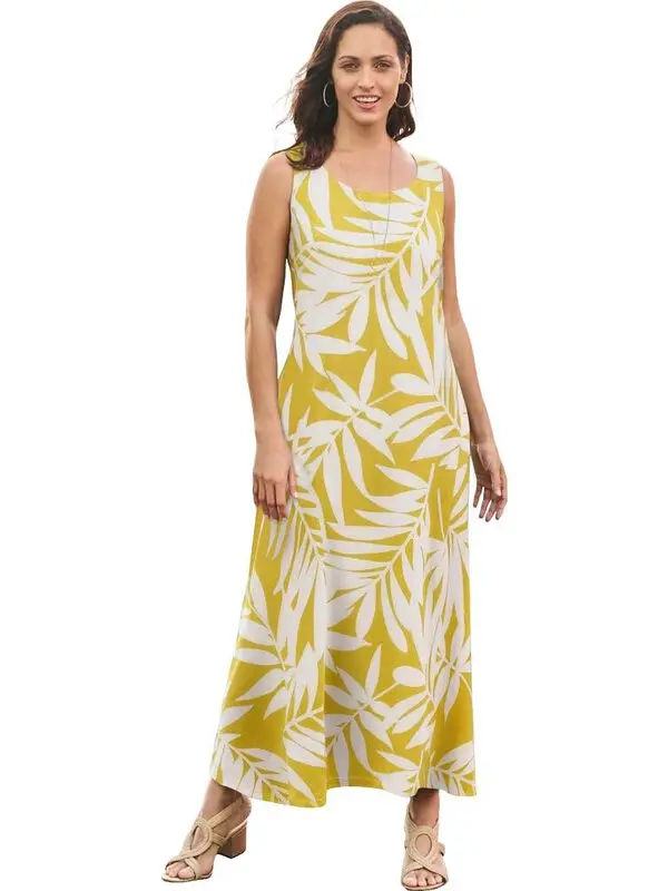 JESSICA LONDON Stretch Cotton Tank Maxi Dress - Golden Citrus Palm
