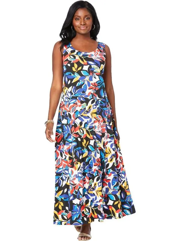 JESSICA LONDON Stretch Cotton Tank Maxi Dress - Multi Graphic Leaves